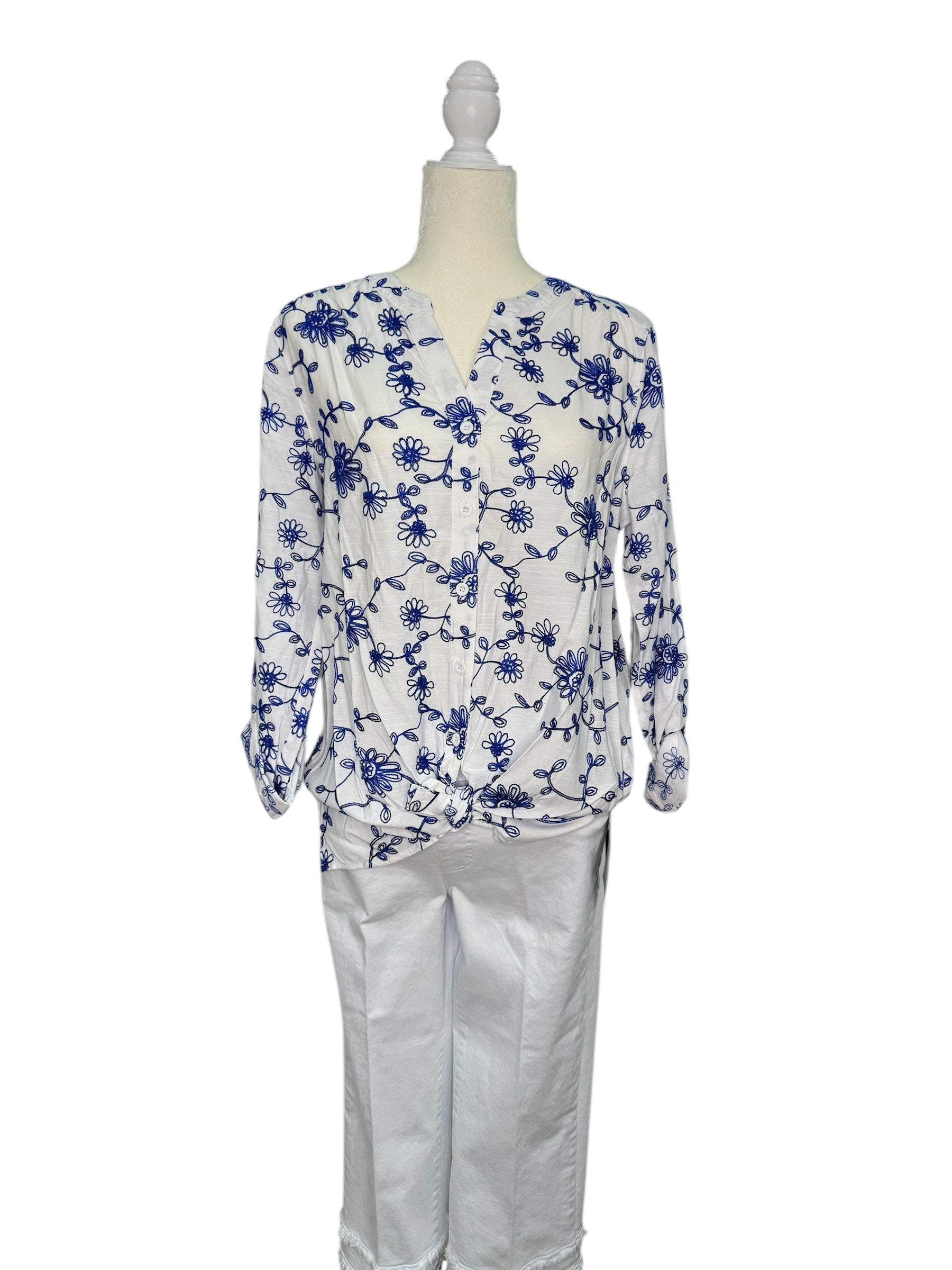 White & Blue Embroidered Floral Blouse with Button-Down & Front Tie ...