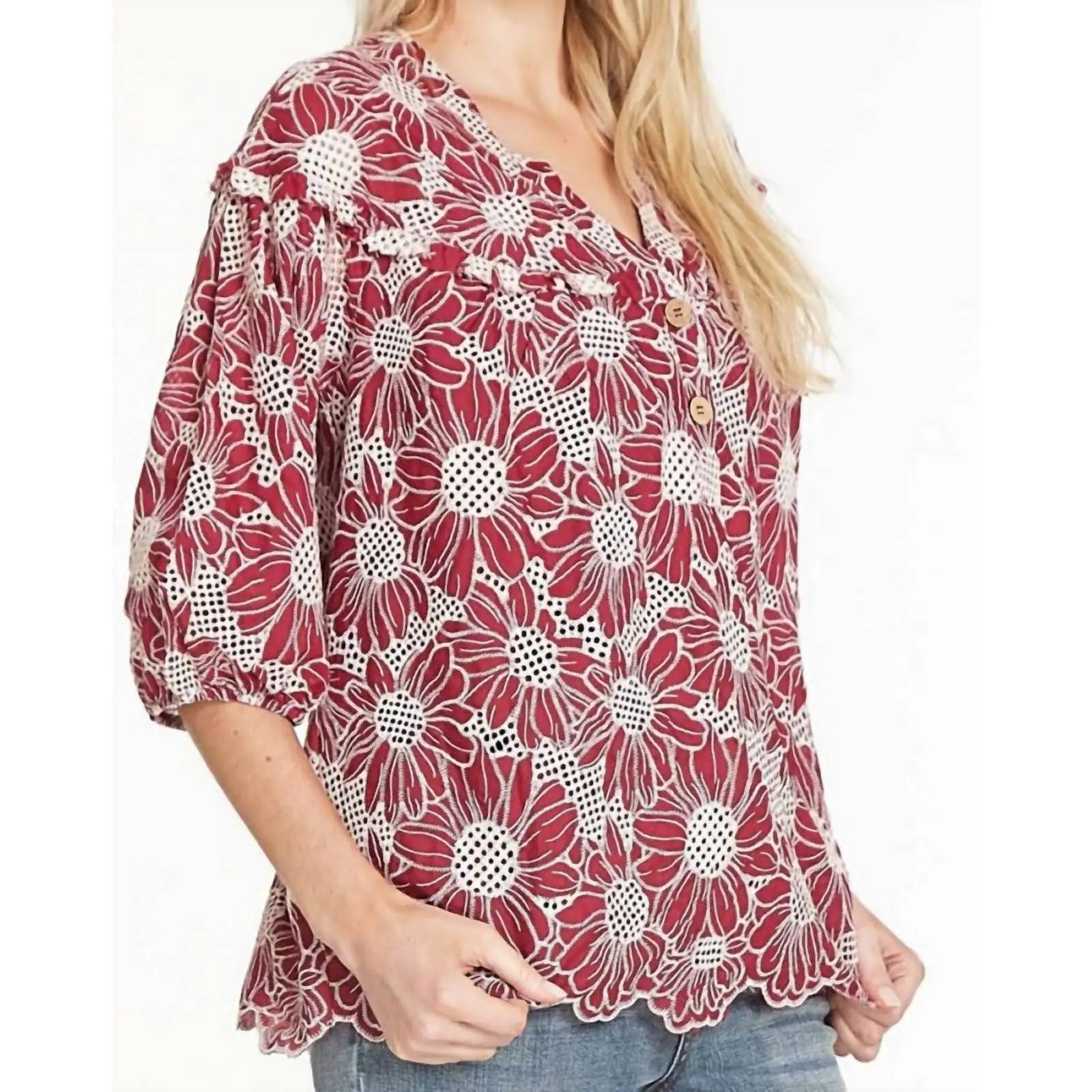 Tru Luxe Floral Embroidered Blouse - Garnet – Ima's Fashions Inc.