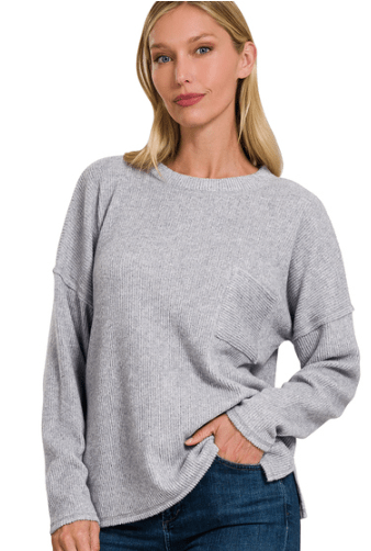! Ribbed Brushed Melange Hacci Sweater with a Pocket – Ima's Fashions Inc.